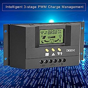 Dual USB Solar Controller, 12V 24V 30A CM3024Z PWM Intelligent Solar Panel Controller Regulator LCD Display for Connecting Battery, Solar Panel and DC Load