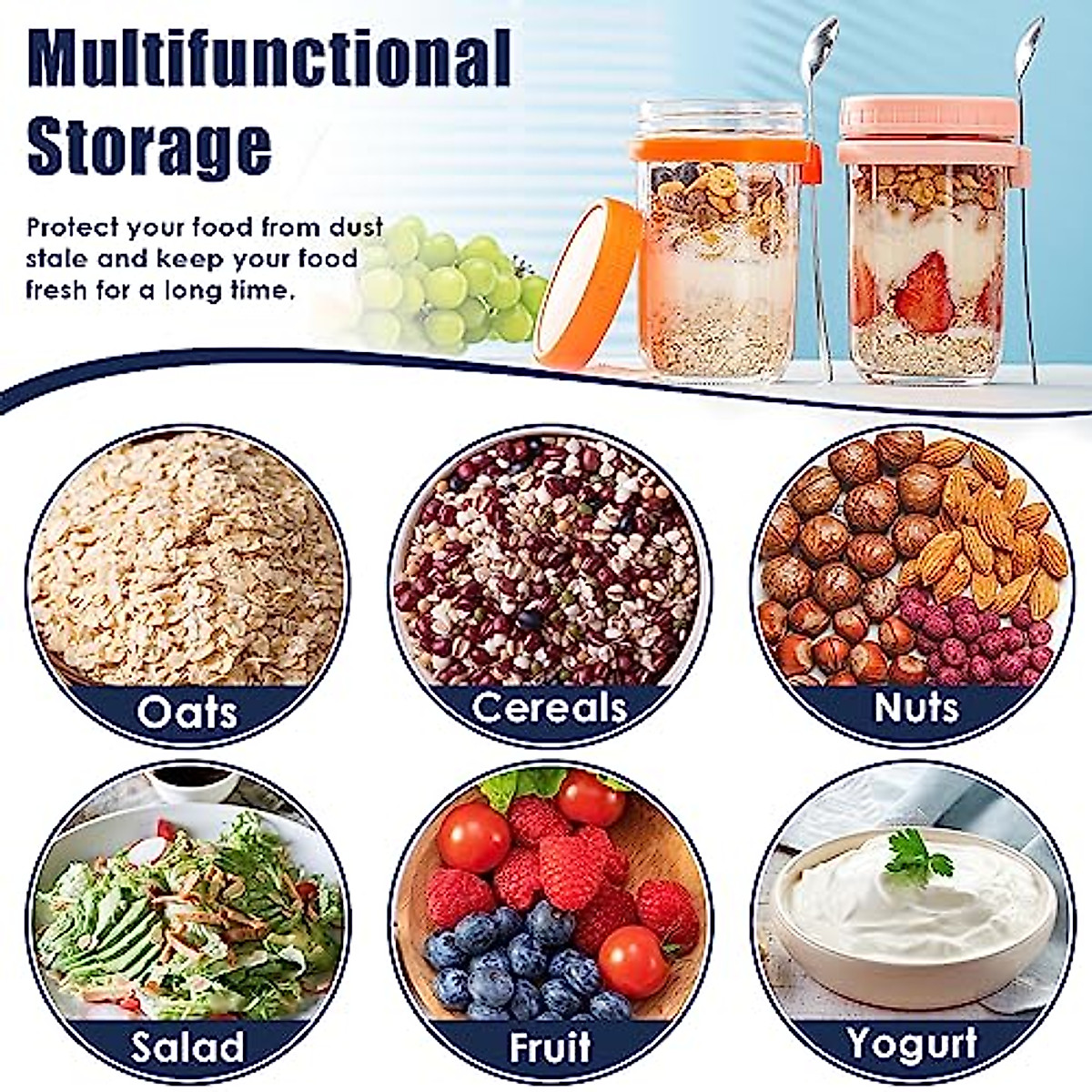 wookgreat Overnight Oats Jars, Overnight Oats Container with Leakproof Lid and Spoon Set of 4-2 pcs 16 Oz Glass Mason Jars & 2 pcs 12 Oz Wide Mouth Jars for Milk, Cereal, Salad, Milkshake Meal Prep