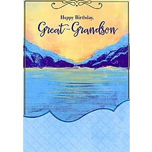 Designer Greetings Bright and Dark Blue Mountains : Lake with Orange Sky Great-Grandson Birthday Card