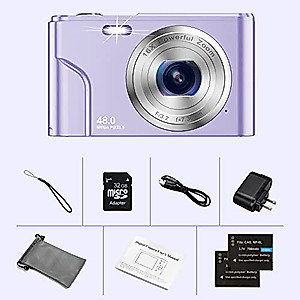 Digital Camera for Teens Kids, 1080P 48MP Kids Camera with 32GB SD Card, 2.4 Inch LCD Screen Kids Digital Camera with 16X Digital Zoom, Compact Kid Camera for Kids Girls Boys Adults Beginners (Purple)