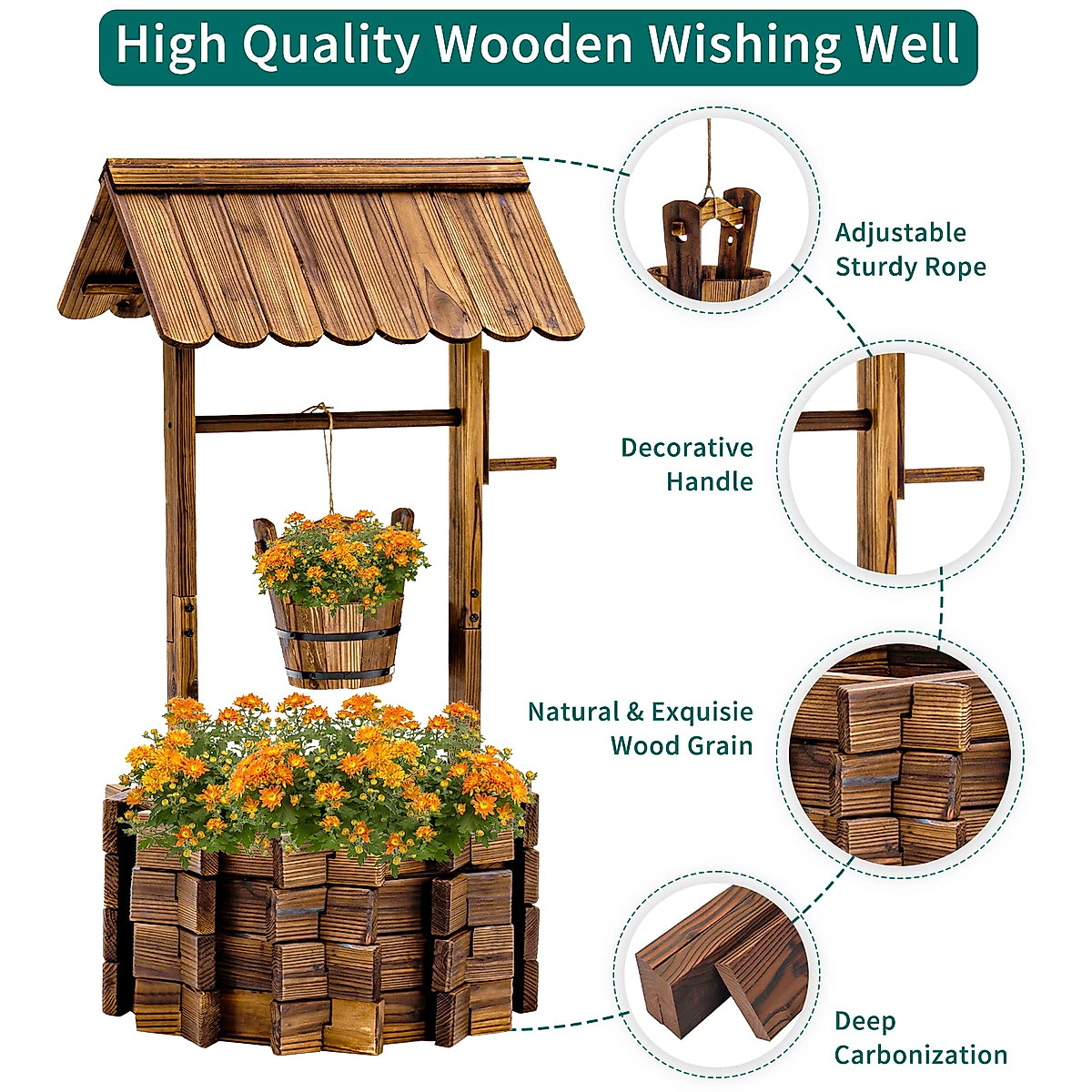 UDPATIO Wishing Well for Outdoors Planter for Plants Flowers Large Wooden Planter with Hanging Bucket, Rustic Solid Fir Wood of Decor for Garden Yard Patio Lawn Backyard Home Decor with Gloves