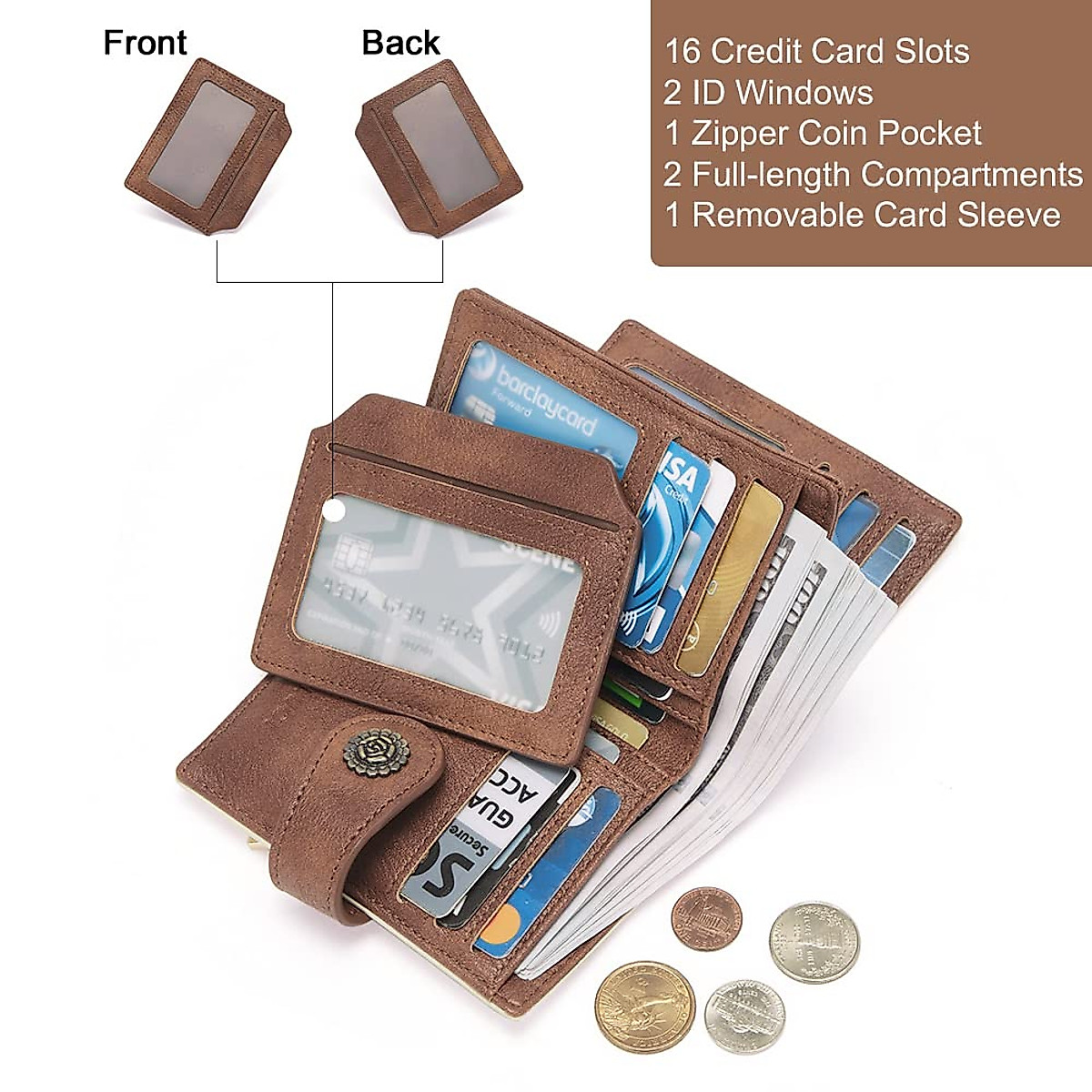 CLUCI Small Wallets for Women RFID Blocking Leather Trifold Compact Credit Card Holder with ID Window Ladies Zipper Coin Purse Beige with Brown