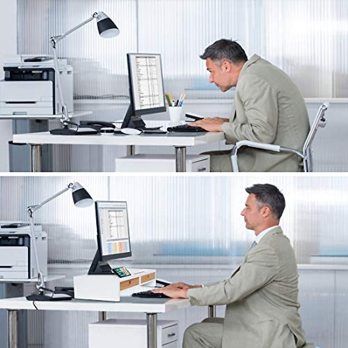 Computer Monitor Stand with Drawers - White Wood Laptop Screen Printer TV Riser 22.05L 10.60W 4.70H inch, Desk Organizer in Home&Office