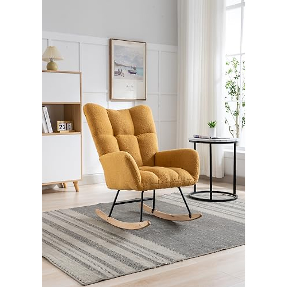 Tiophome Rocking Nursery, Upholstered Glider Rocker Accent Chairs Padded Seat with High Backrest, Comfy Side Armchair for Nursing, Living Room, Bedroom, Office,Teddy Velvet, Turmeric, Extra Large