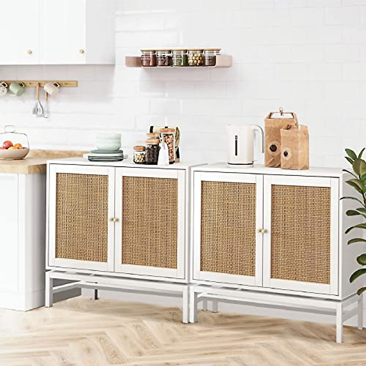 DKLGG Rattan Sideboard Buffet Cabinet Set of 2, Kitchen Sideboards and Buffets Cabinet with Storage, Accent Cupboard Cabinet with 2 Doors for Living Room, Dining Room, White, 31 x 15 x 31 inches
