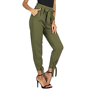 GRACE KARIN Womens Casual High Waist Pencil Pants with Pockets Bow-Knot Cropped Paper Bag Pants for Work Army Green M