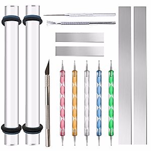 14 Polymer Clay Tools Acrylic Roller Clay Rolling Pin with Thickness Rings Tissue Blade Sculpting Earring Making Kit Supplies Slicer Knife Dotting Tool Jewelry Accessories Mini Cutters Press