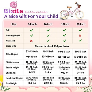 Bixike Retro Design Girls Bike with Basket and Coaster Brake for 3-13 Years Old Kids, 14 16 18 Inch Kids Cruiser Bicycle for Toddlers with Training Wheels, 20 Inch with Kickstand, Multiple Colors