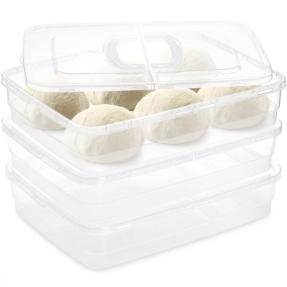Lawei 3 Pack Pizza Dough Proofing Box, 14 x 10 Inch Dough Trays with Lid and Handle for Pizza, Stackable Pizza Bread Fermentation Storage Containers, Translucent Box with Cover Dough Tray, BPA Free