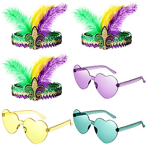 6 Pcs Mardi Gras Feather Headband Heart Shape Sunglasses Set Purple Yellow Green Glitter Feather Sequin Fascinators Rimless Heart Sunglasses Mardi Gras Glasses for Masquerade Party Carnival Cocktail