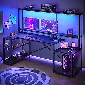 Bestier LED Gaming Desk with Hutch, 71.5 inch L Shaped Computer Desk with Power Outlets, Large Corner Desk Home Office Desk with Monitor Stand and Storage Shelf, Carbon Fiber Black