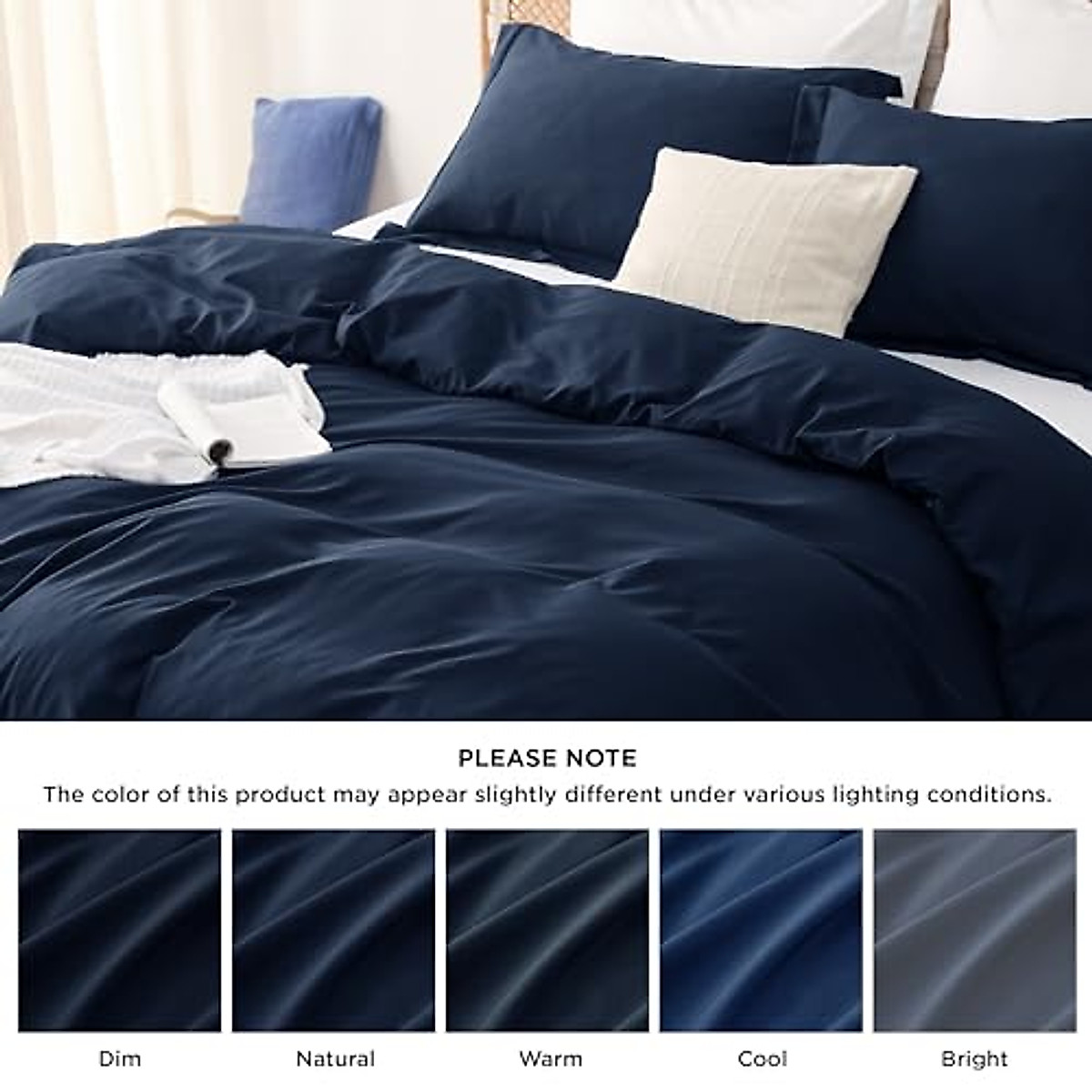 Bedsure Navy Duvet Cover Queen Size - Polyester & Rayon Derived from Bamboo Cooling Duvet Cover Set (90" x 90"), 3 Pieces with 2 Pillow Shams, Comforter Not Included