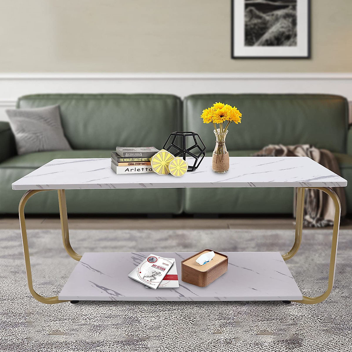 Rectangular Coffee Table for Living Room, 39.4" Faux White Marble Coffee Table with Storage Shelf, 2-Tier Modern Center Table with White Faux Marble Tabletop, Gold Metal Frame