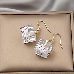 JIUIQL Unique Dainty Cute 3D Poker Red hearts and spades A Ace Playing Cards Dangle Drop Earrings in Transparent Ice Cube for Women Gambling Casino Jewelry Gift (White)