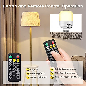 E26 Battery-Operated Rechargeable Light Bulbs with Remote for Lamps, Sconces, and Non-Hardwired Fixture, 3 Color Temperatures, Timer, Detachable Charging – 2 Pack