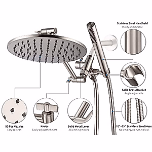 G-Promise All Metal Dual Shower Head Combo | 8" Rainfall Shower Head, Handheld Shower Wand | Smooth 3-way Diverter | with Adjustable Extender - An Upgrade of Shower Experience(Brushed Nickel)