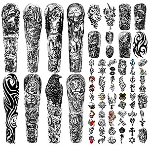 SOOVSY 46 Sheets Full Arm Temporary Tattoo with Lion, Temporary Tattoo Sleeves for Men, Fake Tattoos Adult Realistic with Flower, Full Sleeve Tattoos for Women w/Wolf Eagle & Deer