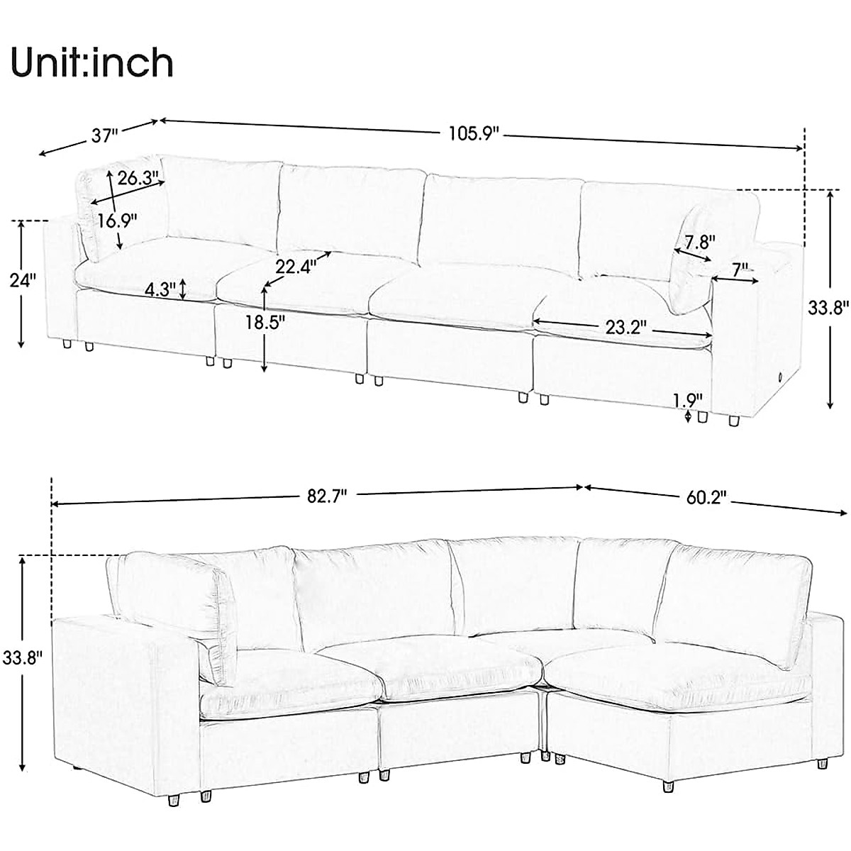 kevinplus 106'' Modular Sectional Sofa Couch for Living Room, Modern Upholstered 4-Seat Sofa Couch L-Shape with USB Charge Port & Wireless Charging & Built-in Bluetooth Speaker in Arm, Beige