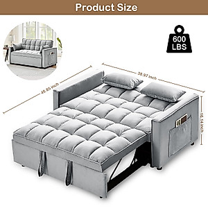 55 Inch Velvet Convertible Sleeper Sofa Bed, 3 in 1 Futon Sofa Couch with Pull-out Bed, Modern Love Seat Sleeper with Adjustable Backrest, 2 Pillows and Side Pockets for Living Room (Velvet Gray)