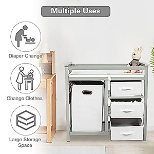 Baby Diaper Changing Station Nursery Table - Infant Diaper Table w/ 3 Storage Cloth Drawers & 1 Laundry Basket and Safety Belts (Gray)