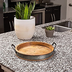 BIRDROCK HOME Wooden Serving Tray with Handles - Iron Accents - Round Barrel Top Breakfast Trays - Tea Cheese Board - Coffee Table Décor - Natural Wood with Iron - Kitchen - Bar - Large