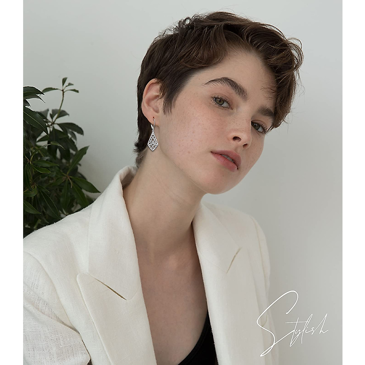 Kite Shaped Geometric Filigree Dangle Drop Leverback Earrings Sterling Silver Dangling Dangly Jewelry for Women