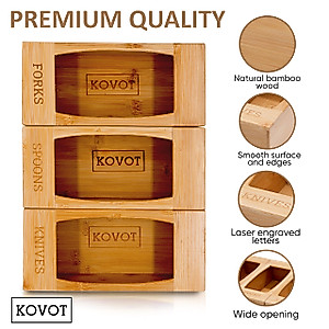KOVOT Bamboo Utensils Organizer – Bamboo Wood Flatware Caddy – Cutlery Holder with 3 Separate Compartments – Forks, Spoons, Knives – Bamboo Organizing Box for Kitchen Counter, Drawers, Table
