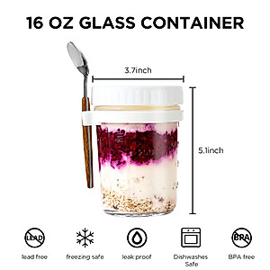 Famyards 4 Pack Overnight Oats Containers with Airtight Lids and Spoons, 16 oz Glass Mason Jars with Measurement Marks, Oatmeal Jars for Cereal, Yogurt, Milk, Salads, Fruit (4 White)