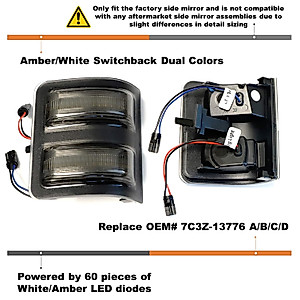 iJDMTOY Smoked Lens Switchback LED Side Mirror Marker Lamps Compatible With 2008-16 Ford F250 F350 F450 Super Duty, (2) Smoked Lens, White LED Parking Light, Amber LED Turn Signal Light
