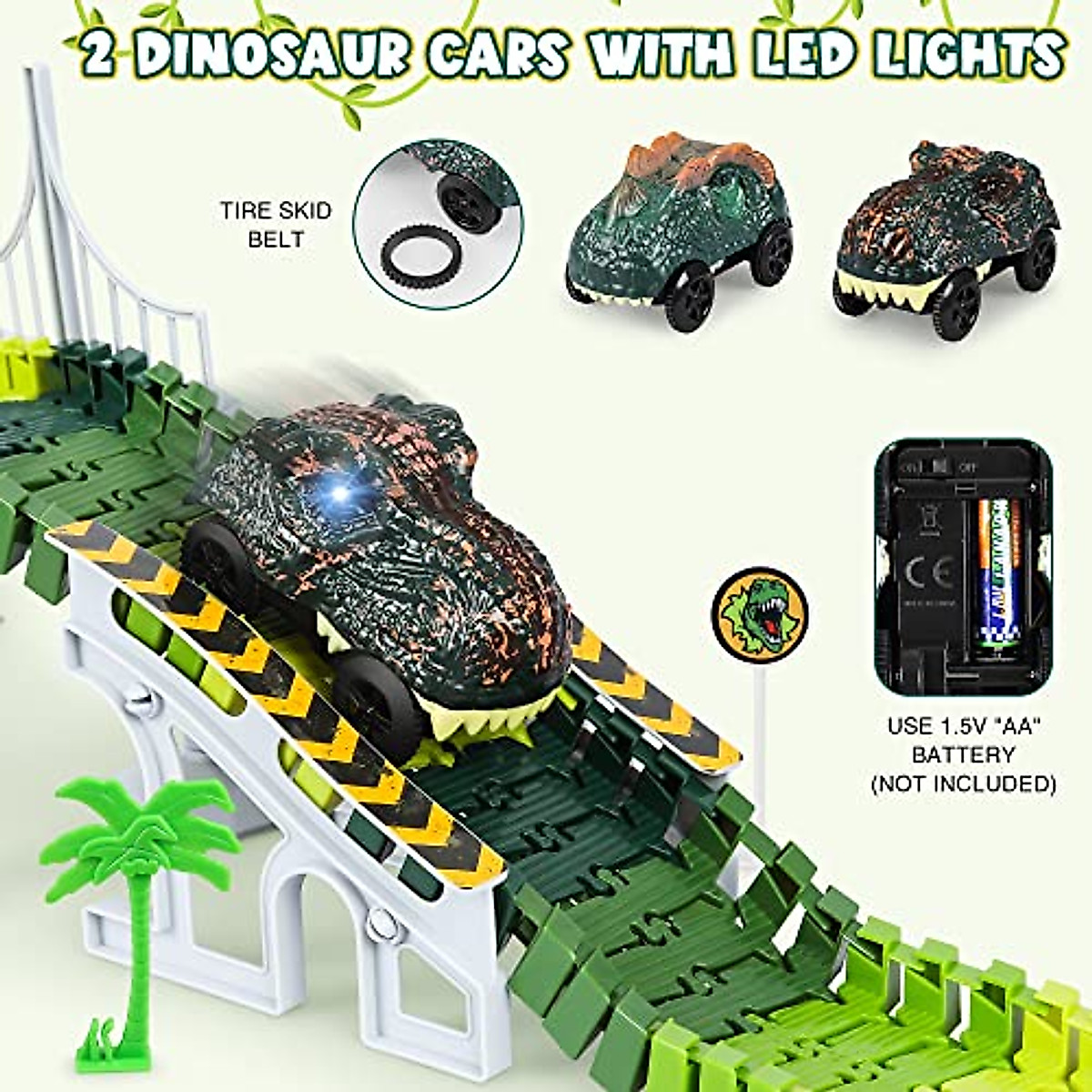 Dinosaur Tracks, 185 PCS Create A Dinosaur World Road Race for Kids Boys Toys Flexible Train Tracks Set and 2 Cool Dinosaurs Cars Dinosaur Toys for Age 3 4 5 6 7 8 Year & Up Old Boy Girls Best Gift