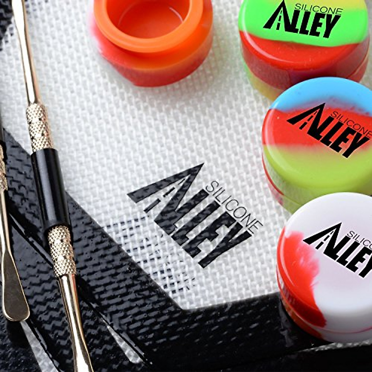 SILICONE ALLEY - 3 Non-Stick Black Hexagon Mat + 5 Tie Dye-Colored Jar Containers