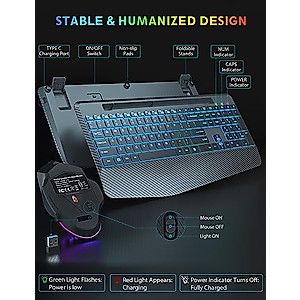 Wireless Keyboard and Mouse Backlit, Wrist Rest, Jiggler Mouse, Phone Holder, Ergo Rechargeable Silent Light Up Combo for Computer, Mac, PC, Laptop, Chromebook - by SABLUTE, Gray