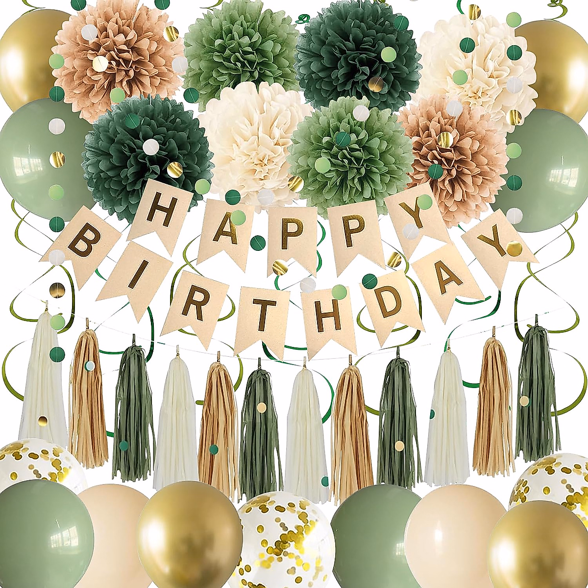 Green Birthday Party Decorations for Women Girls with Happy Birthday Banner,Tissue Paper Pompoms, Paper Tassel,Circle Garland,Hanging Swirl,Birthday Balloons for Party Decor (sage green)