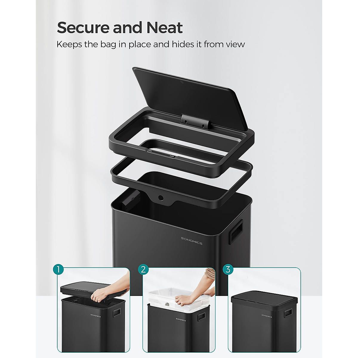 SONGMICS Motion Sensor Trash Can, 18-Gallon (68L) Automatic Kitchen Garbage Can with Stay-Open Lid, Soft Close, Stainless Steel, 15 Trash Bags Included, Ink Black ULTB630B68