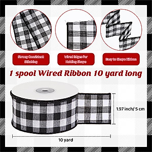 49 Pcs Christmas Tree Hanging Ornament Set Artificial Glitter Poinsettias Flower with Clips Sequin Christmas Ball Ornaments Black and White Buffalo Plaid Decorations Wired Edge Plaid Ribbon Tree Decor