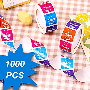 1000 PCS Cute Thank You Stickers for Kids 2 Rolls 4 Colors Square Funny Thank You Labels for Small Business Packaging 1 inch