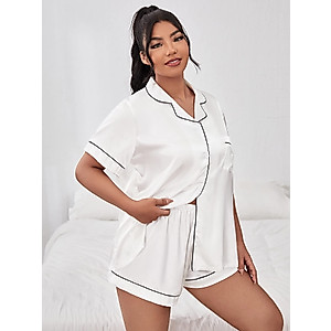 MakeMeChic Women's Plus Size Satin Button Down Pajama Set Silk Short Sleeve Sleepwear White 3XL
