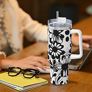 HULIBIN Black and White Flowers Print Double Deck Stainless Steel Travel Coffee Cup With Lid 40 Oz Ice Bully Cup