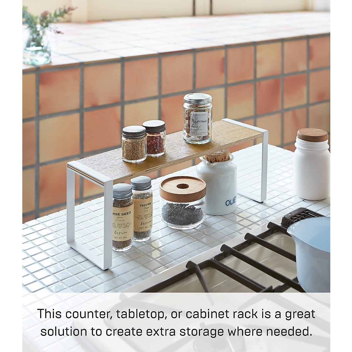 Yamazaki Home Kitchen Rack - Counter Storage Shelf Organizer Steel + WoodWhite