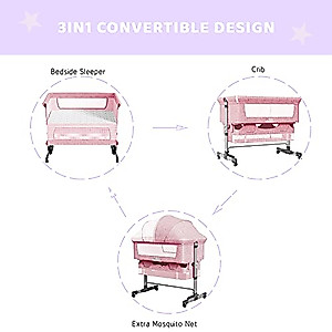 Napfox Baby Bassinet, Bedside Sleeper,Foldable Baby Bed to Bed, Adjustable Portable Bed for Infant/Baby/Newborn,with Mosquito Nets, Large Storage Bag, Comfortable Mattresses, Lockable Wheels (Pink)