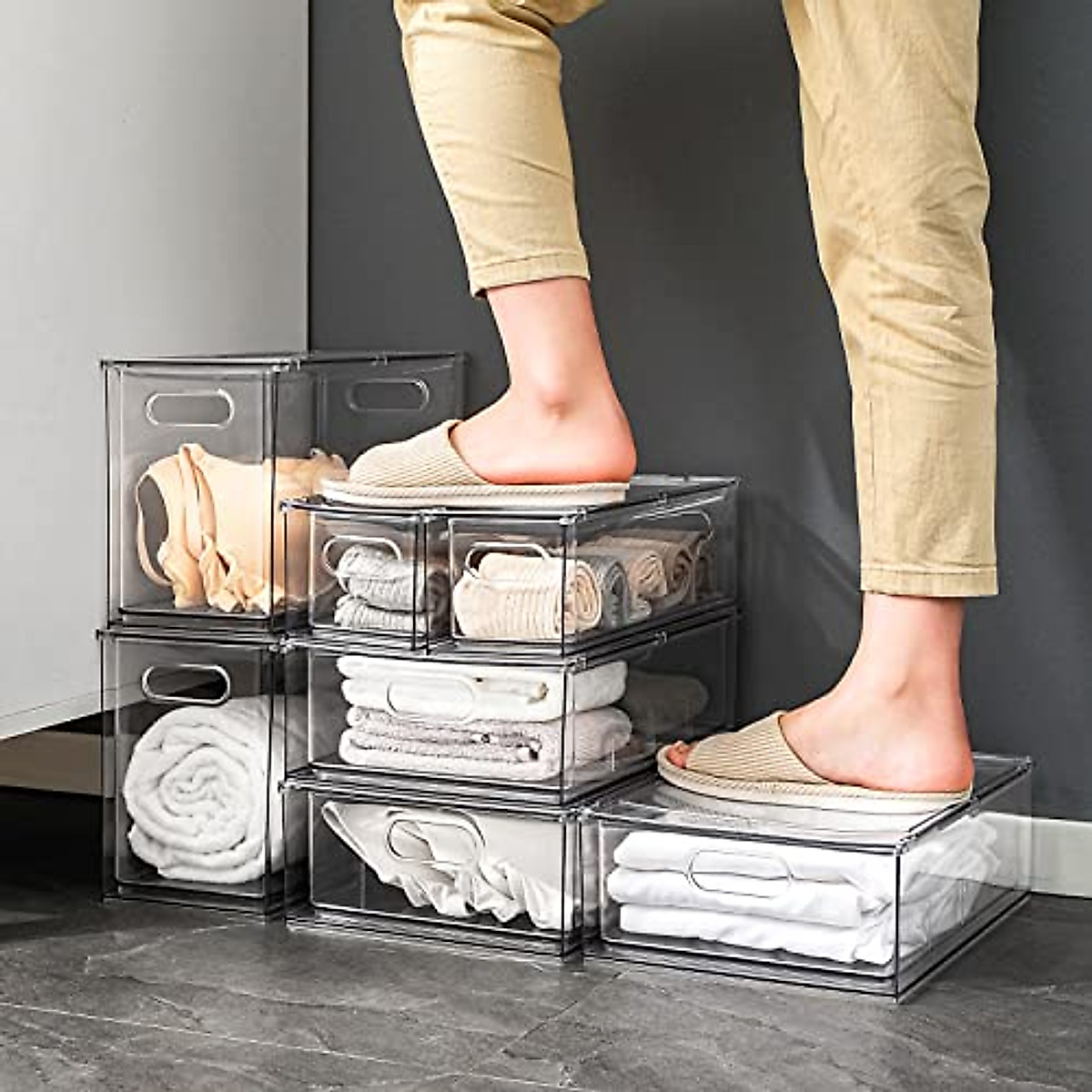 4Pack Stackable Fridge Organizer Drawers Pull Out Bins Clear Refrigerator Drawer Storage Box Divided Produce Saver Containers for Veggie Fruit Pantry Cabinet Makeup Clothes