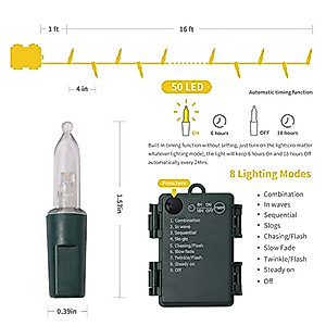 WATERGLIDE 50 LED Outdoor Christmas Lights, 16 FT Battery Operated Mini String Lights with 8 Modes & Timer, Xmas Tree Lights Waterproof for Patio Garden Party Wedding Holiday Decor, Warm White