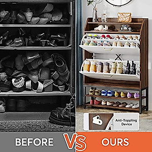 Tribesigns Shoe Cabinet for Entryway, Freestanding Tipping Bucket Shoe Organizer, Narrow Shoe Rack with 2 Flip Drawers & Open Storage Shelves, Industrial Slim Shoe Storage Cabinet for Small Space