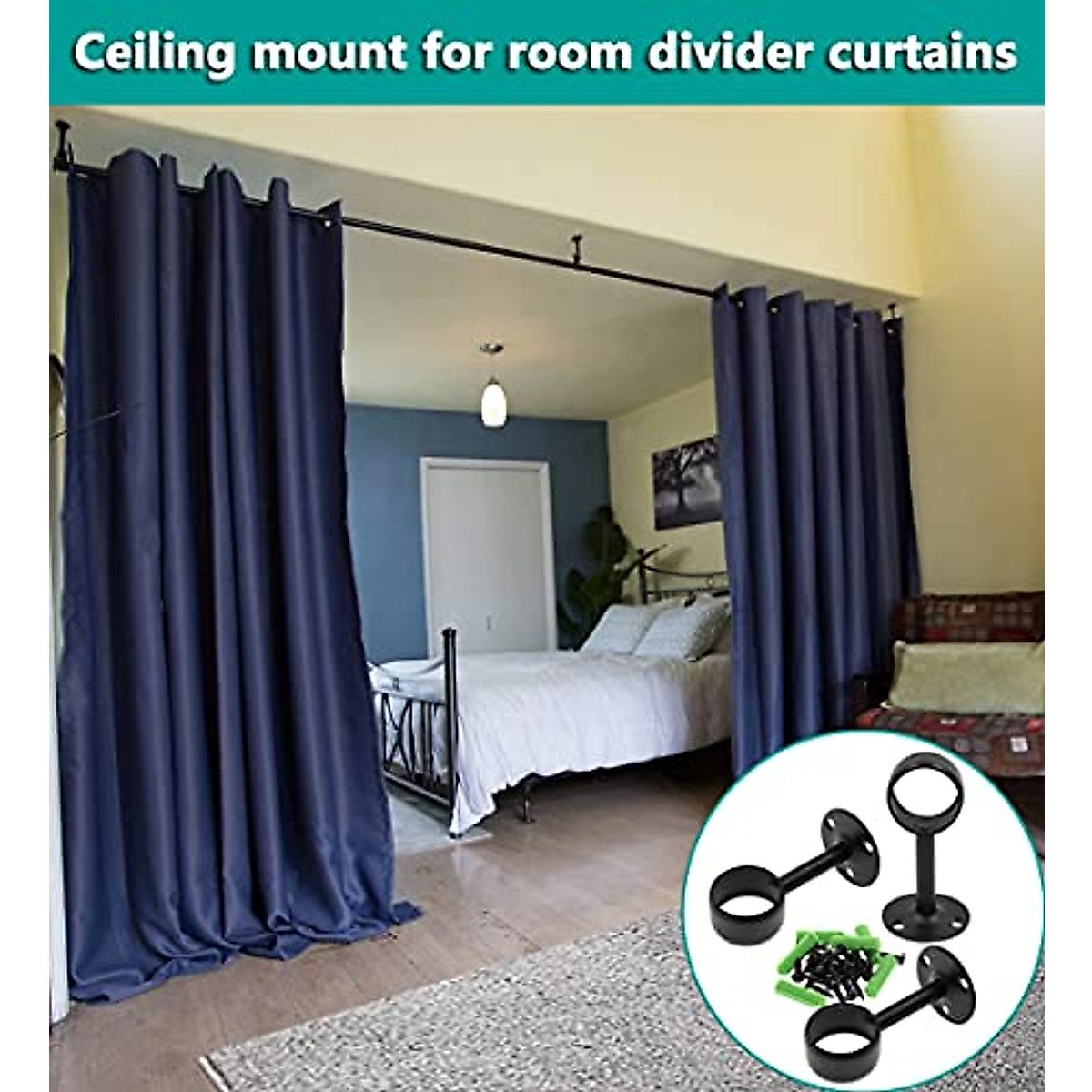 AYSUM 10 Pack 1 Inch Curtain Rod Ceiling-Mount Bracket Curtain Rod Brackets, Shower Curtain Closet Rod Holders for 1 Inch Rod, Wardrobe Pole Flange Socket with Matching Screws, Black