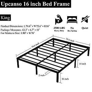 Upcanso 16 Inch King Bed Frame Heavy Duty Metal Platform King Size Bed Frames with 14 Inch Storage, Easy Assembly 3,500 lbs Steel Slats Support Mattress Foundation, Black