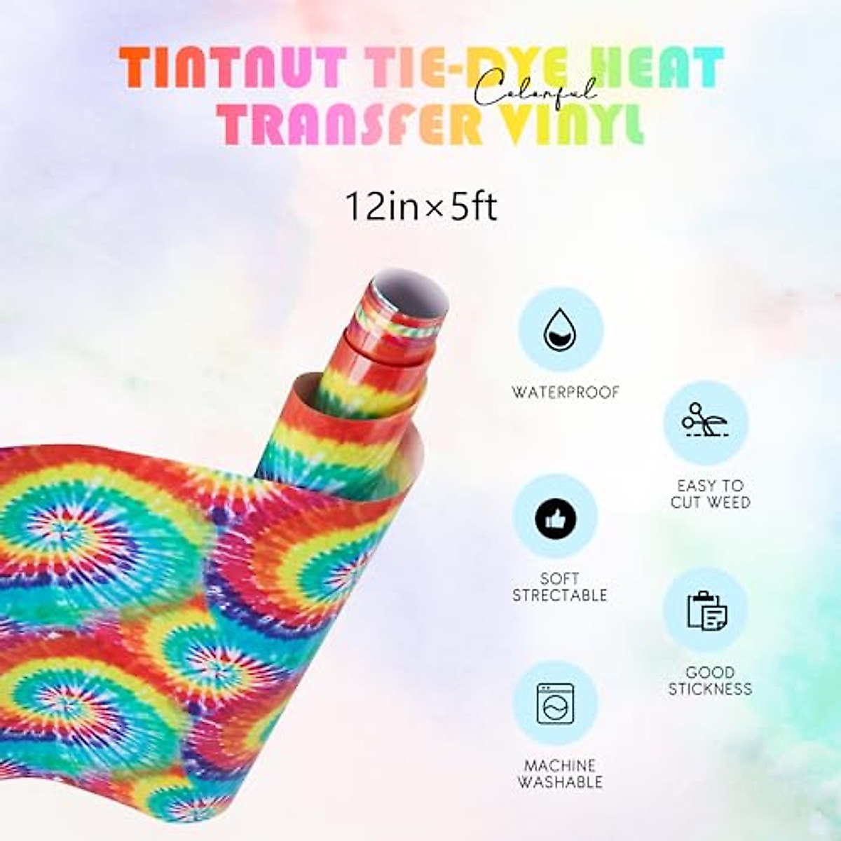 Tintnut Tie-dye Swirl HTV Heat Transfer Vinyl Roll - 12 Inch x 5ft Roll HTV Color Gradient Swirl Iron on Vinyl Spiral Patterned HTV Vinyl DIY Canvas Bag T-Shirts for Cricut or Silhouette Cameo
