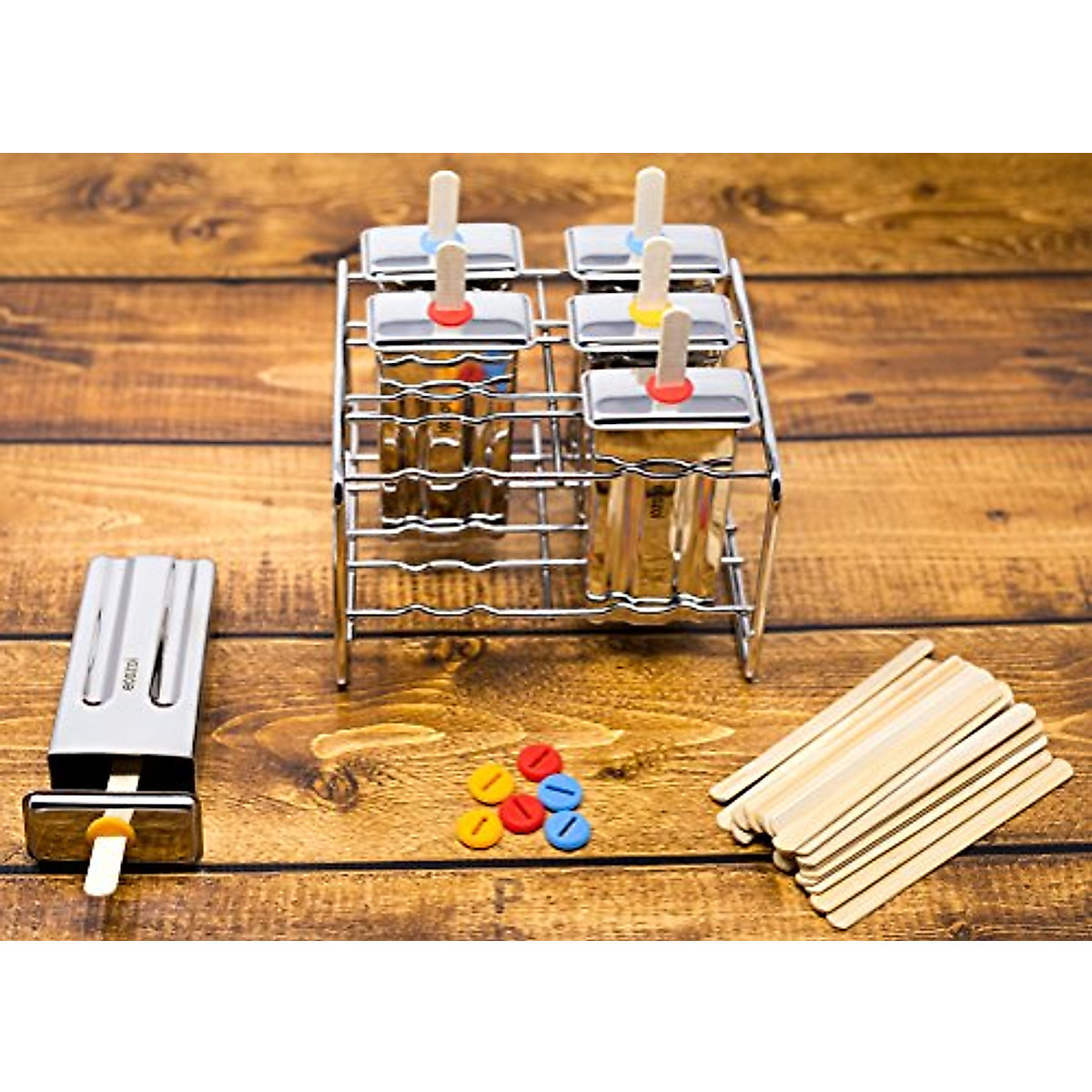 Ecozoi Stainless Steel Popsicle Molds and Rack - 6 Square Ice Pop Makers + 30 Reusable Bamboo Sticks + 12 Silicone Seals + 1 Cleaning Brush +1 Rack