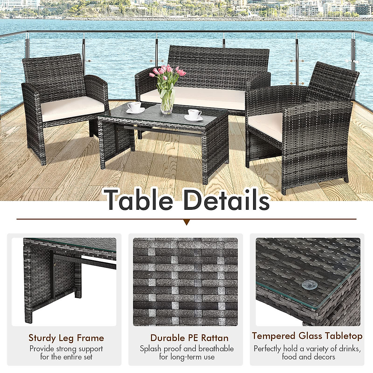 Toolsempire Outdoor Conversation Set, 4 Pieces Wicker Patio Furniture Set with Ergonomic Curved Design, Patio Chair Set with Water-Resistant Cushion & Tempered Glass Table for Backyard, Porch(Beige)