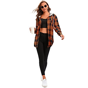 Womens Flannel Shirts Long Sleeve Oversized Boyfriend Shirts Button Down Plaid Hoodie Orange