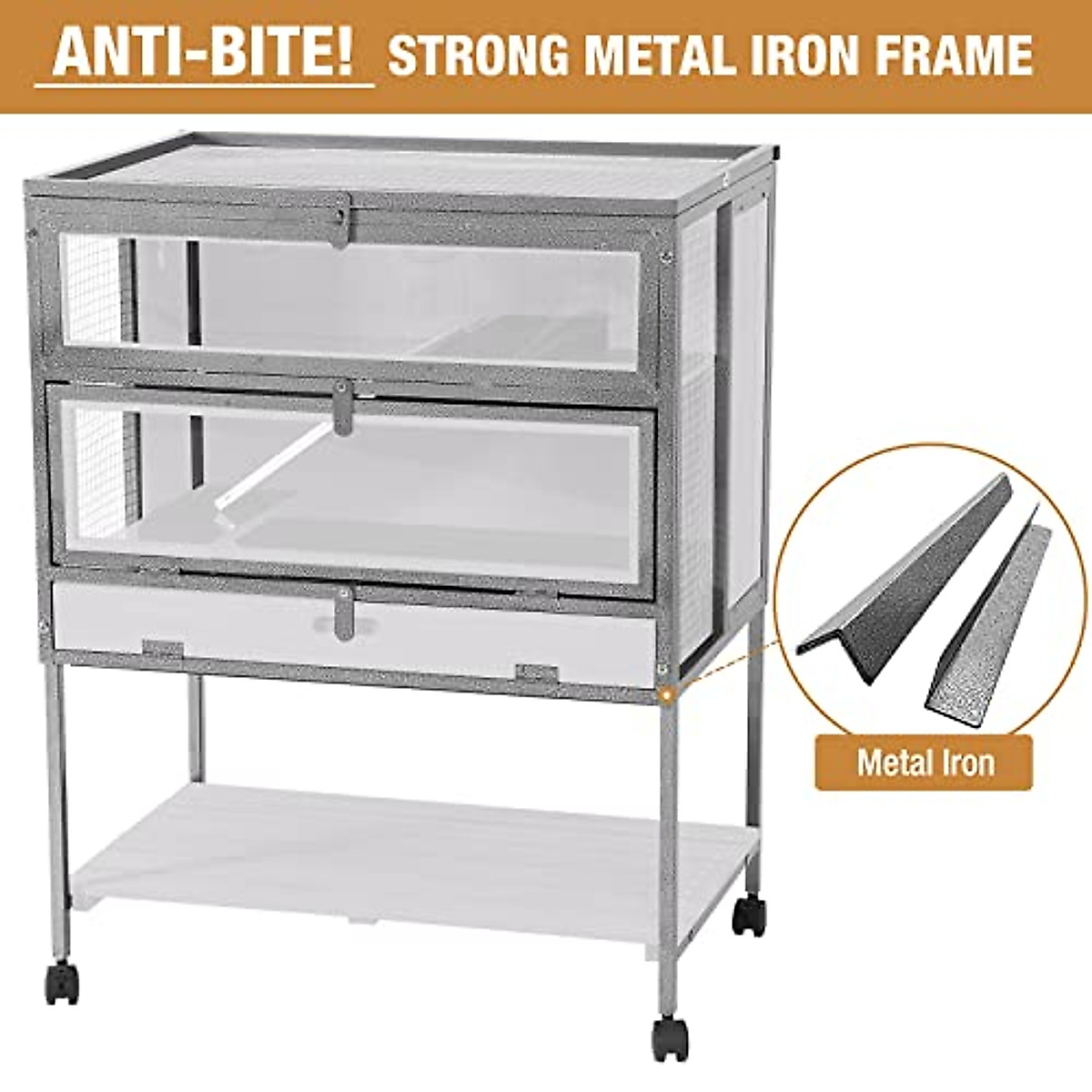 Large Hamster Cage Wooden Guinea Pig Cage, Animal Cage for Rat, Chinchilla, Squirrel, Gerbil, Rabbit, 2-Level Indoor Small Animal Pet Cage with Storage Shelf